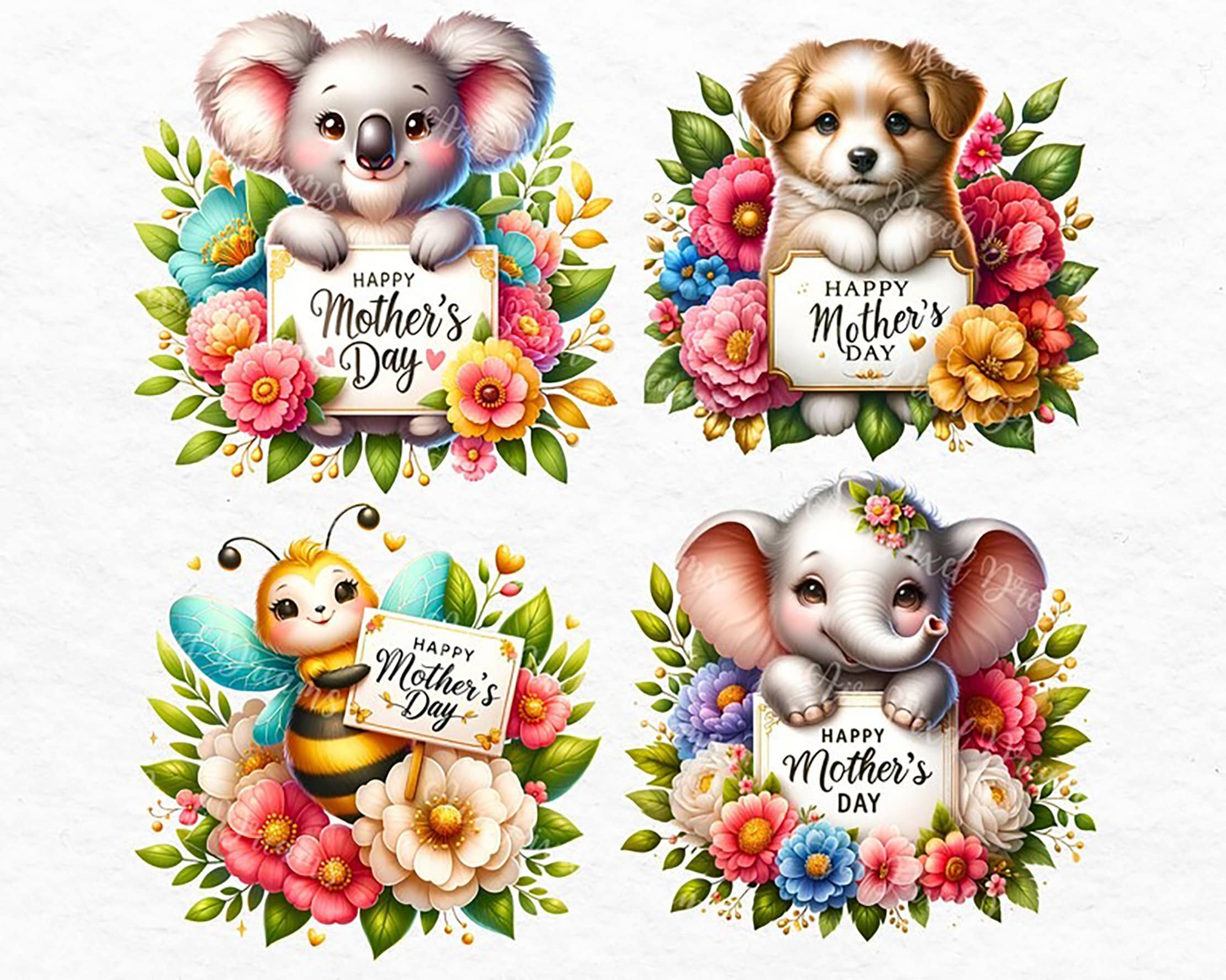 Cute Mother's Day Animals Clipart PNG Bundle, Baby Animals, Mother Day ...