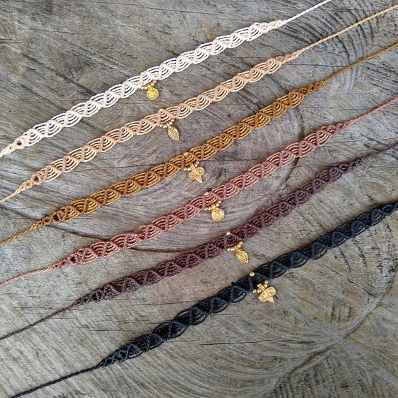 Hand-knotted macrame choker with golden brass beads & charm / | Etsy