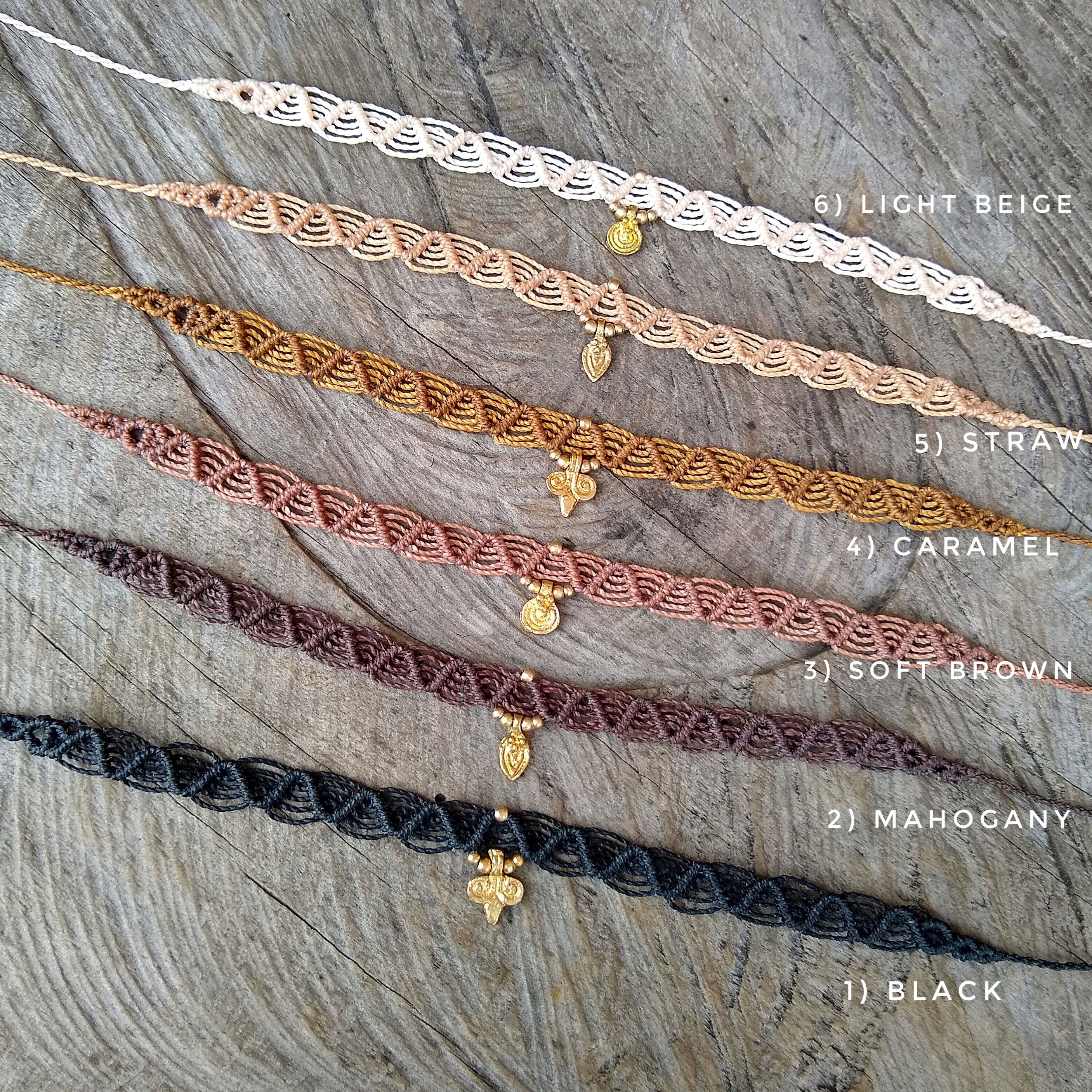 Hand-knotted Macrame Choker With Golden Brass Beads & Charm / | Etsy