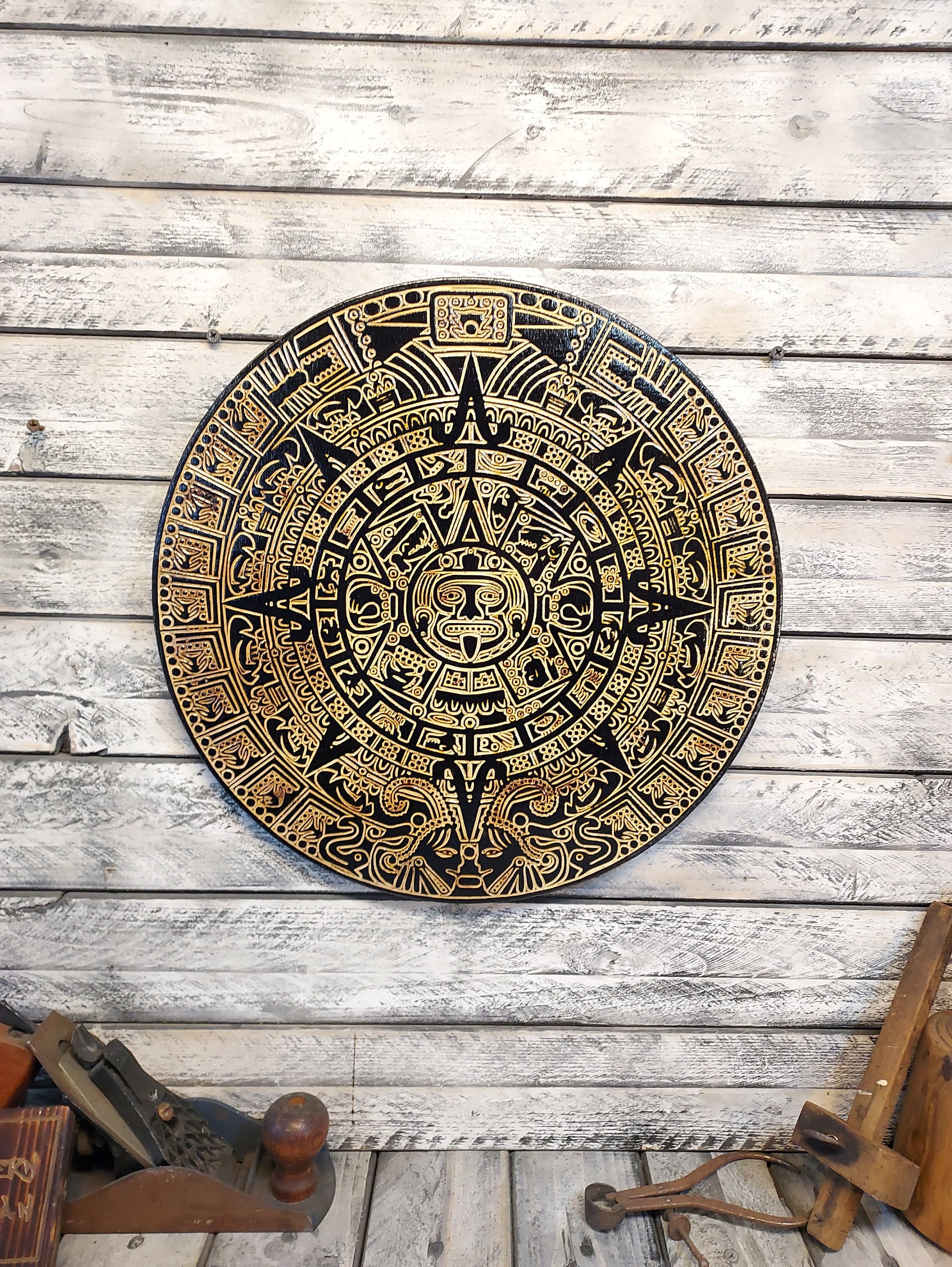 15" Aztec Calendar Wood Carving, Ancient Mexican Wall Art - Etsy