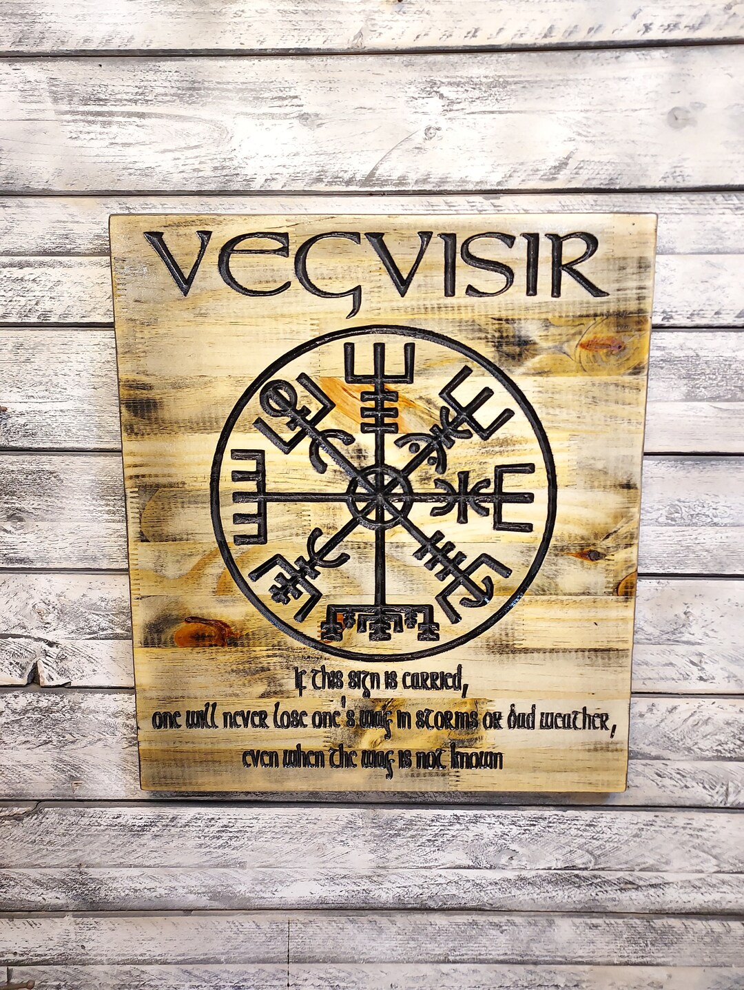 Norse Vegvisir With Text Wood Carving, Viking Icelandic Mythology ...