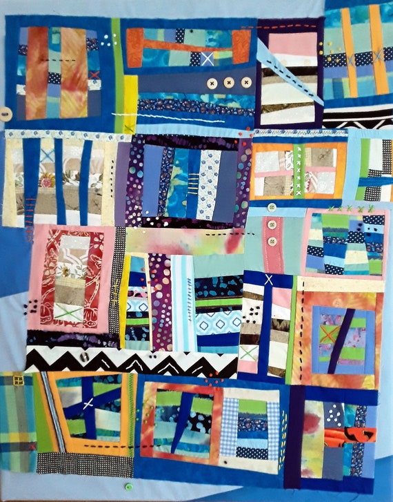 Abstract fabric art textile artwork improv wall hanging | Etsy