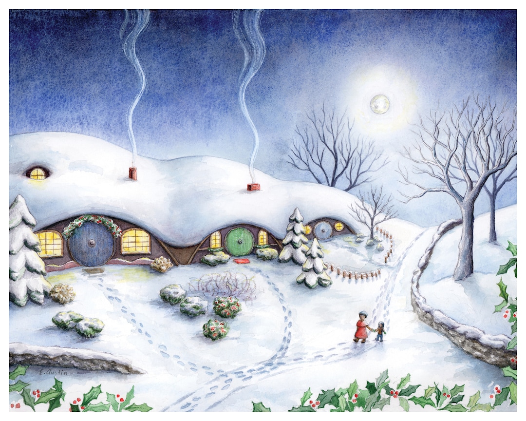 Winter Hobbiton Scene, Lord of the Rings Art Print, Hobbit Holes, the ...