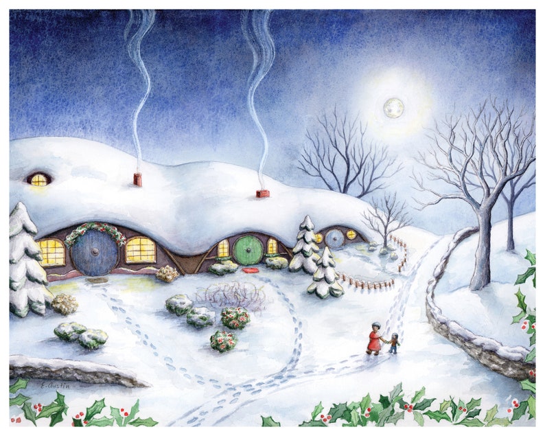 Winter Hobbiton Scene, Lord of the Rings Art Print, Hobbit Holes, the ...