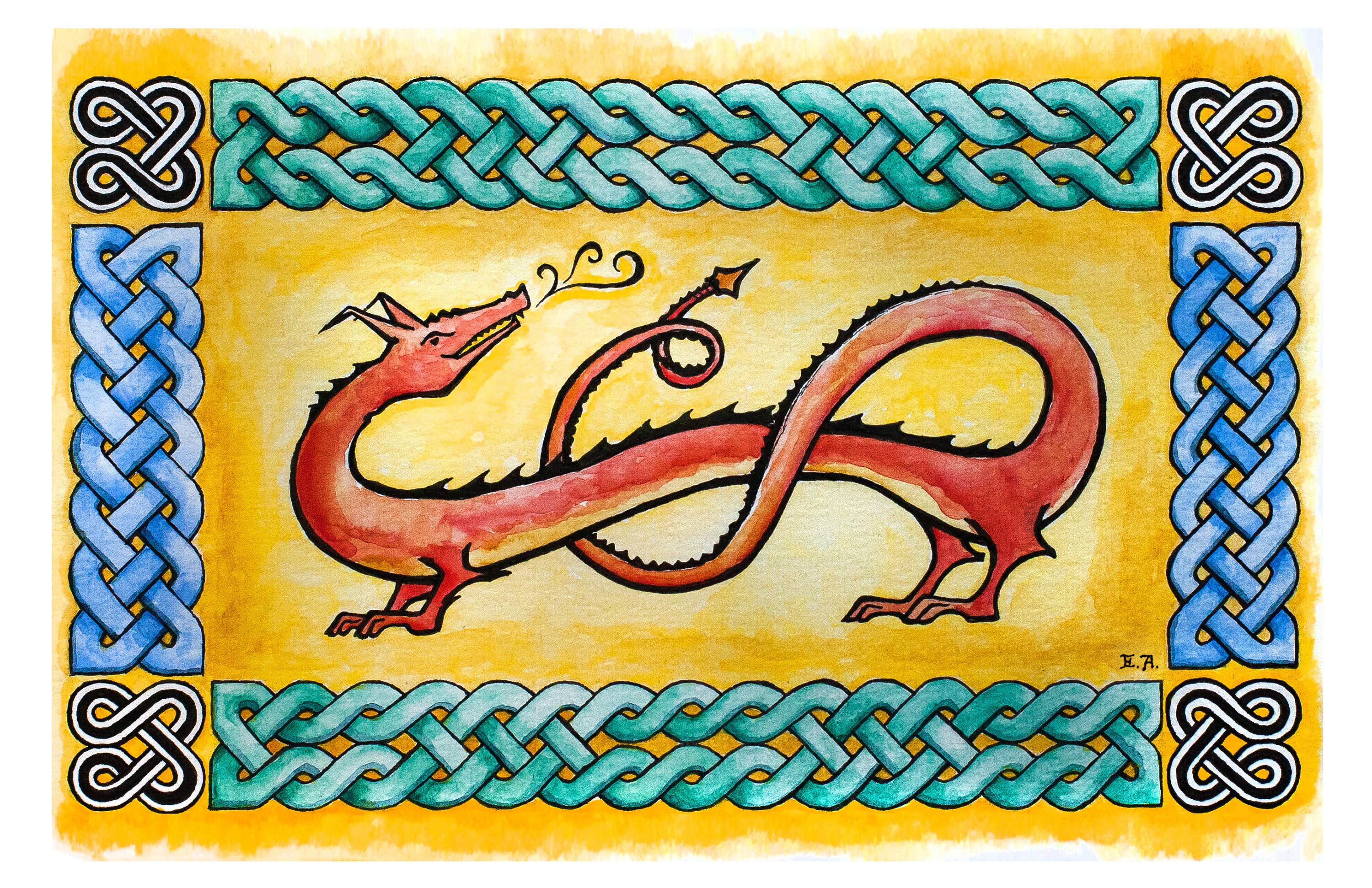 The Hobbit Celtic Dragon Print, Red Dragon Watercolor, Tolkien Art ...