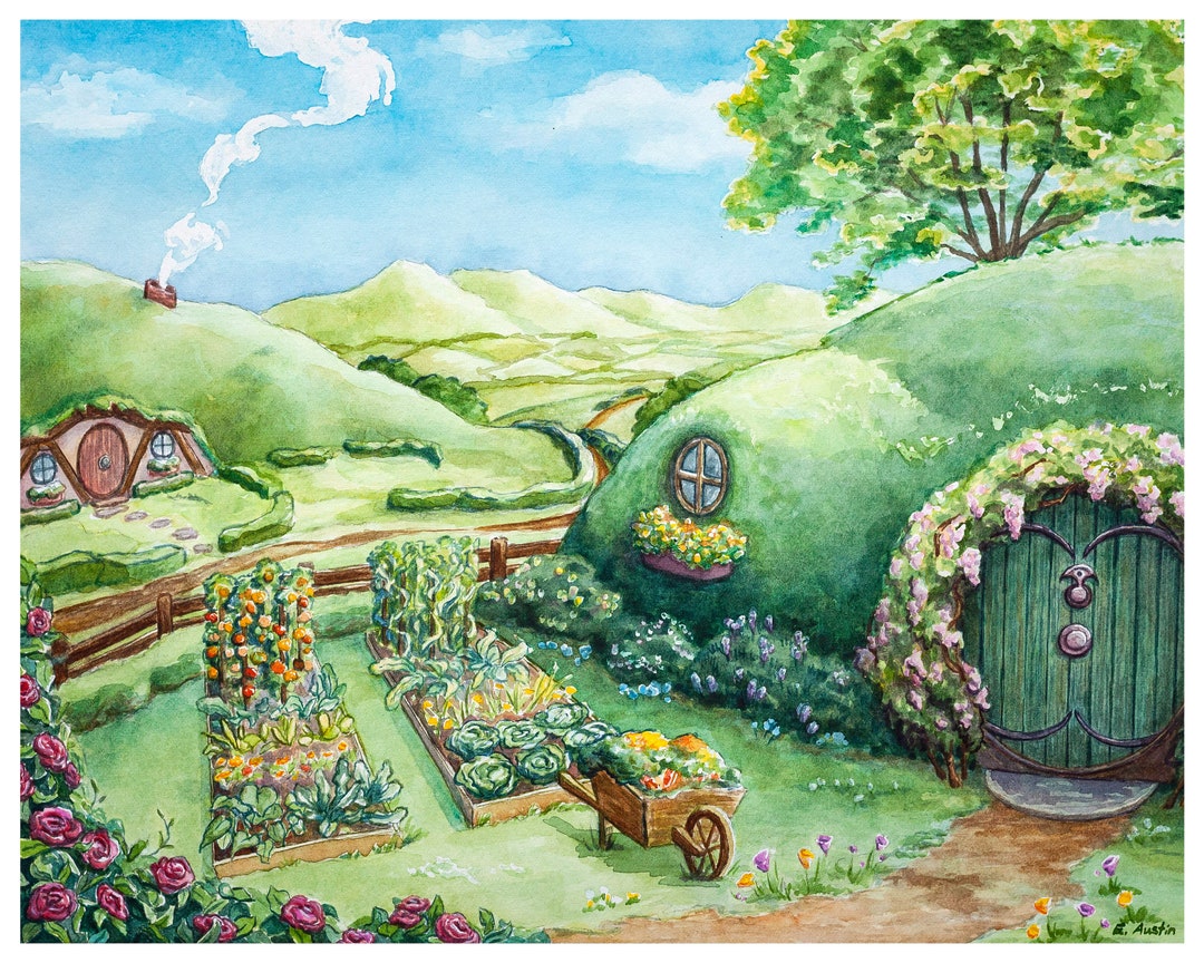 Hobbit Garden Fine Art Print, Lord of the Rings Watercolor, Hobbit Hole ...
