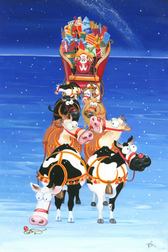 Cow Print Santa Cows Limited Edition Art Print of Cows | Etsy UK