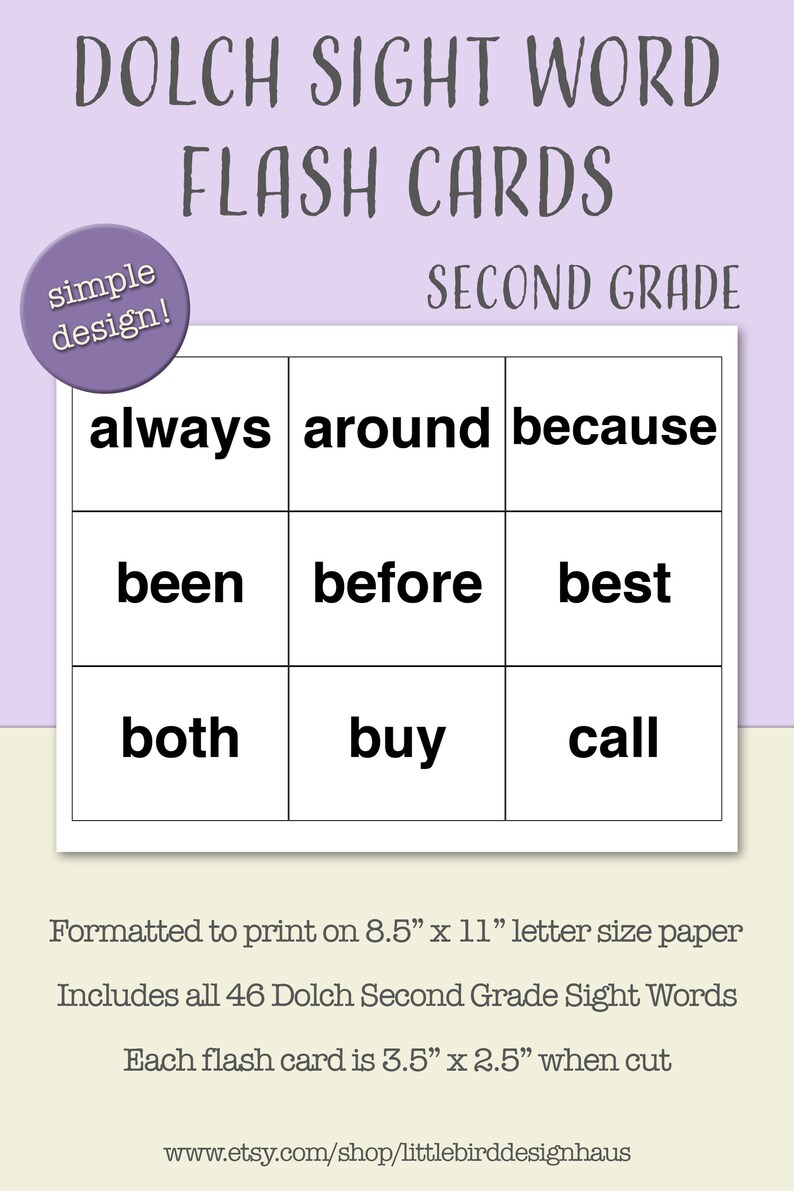 46 Dolch Second Grade Sight Word Flash Cards Printable. 2nd Grade ...