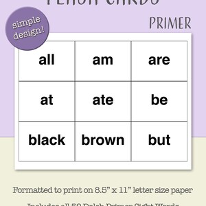 52 Dolch Primer Sight Word Flash Cards Printable. Kindergarten ...