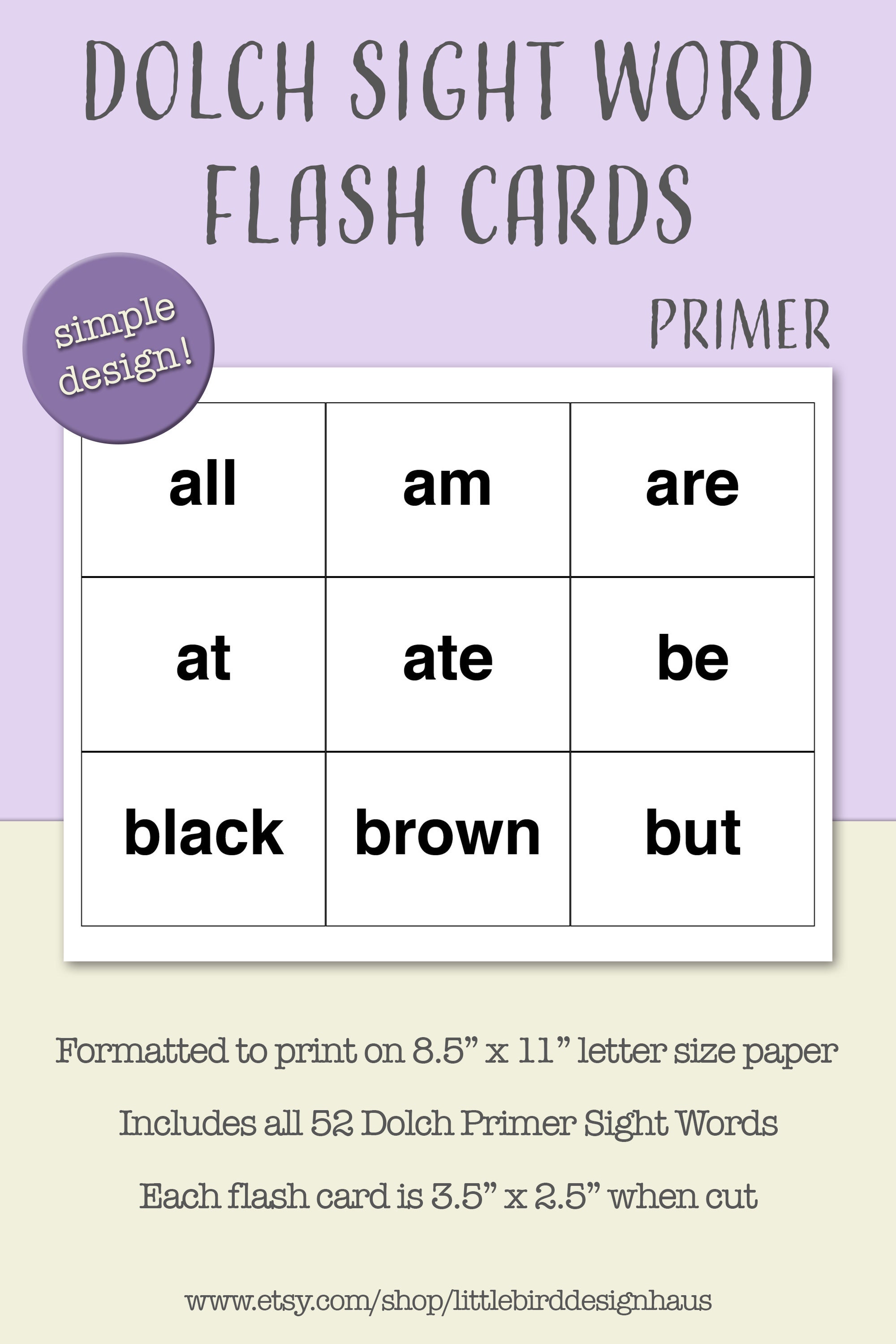 52 Dolch Primer Sight Word Flash Cards Printable. Kindergarten ...