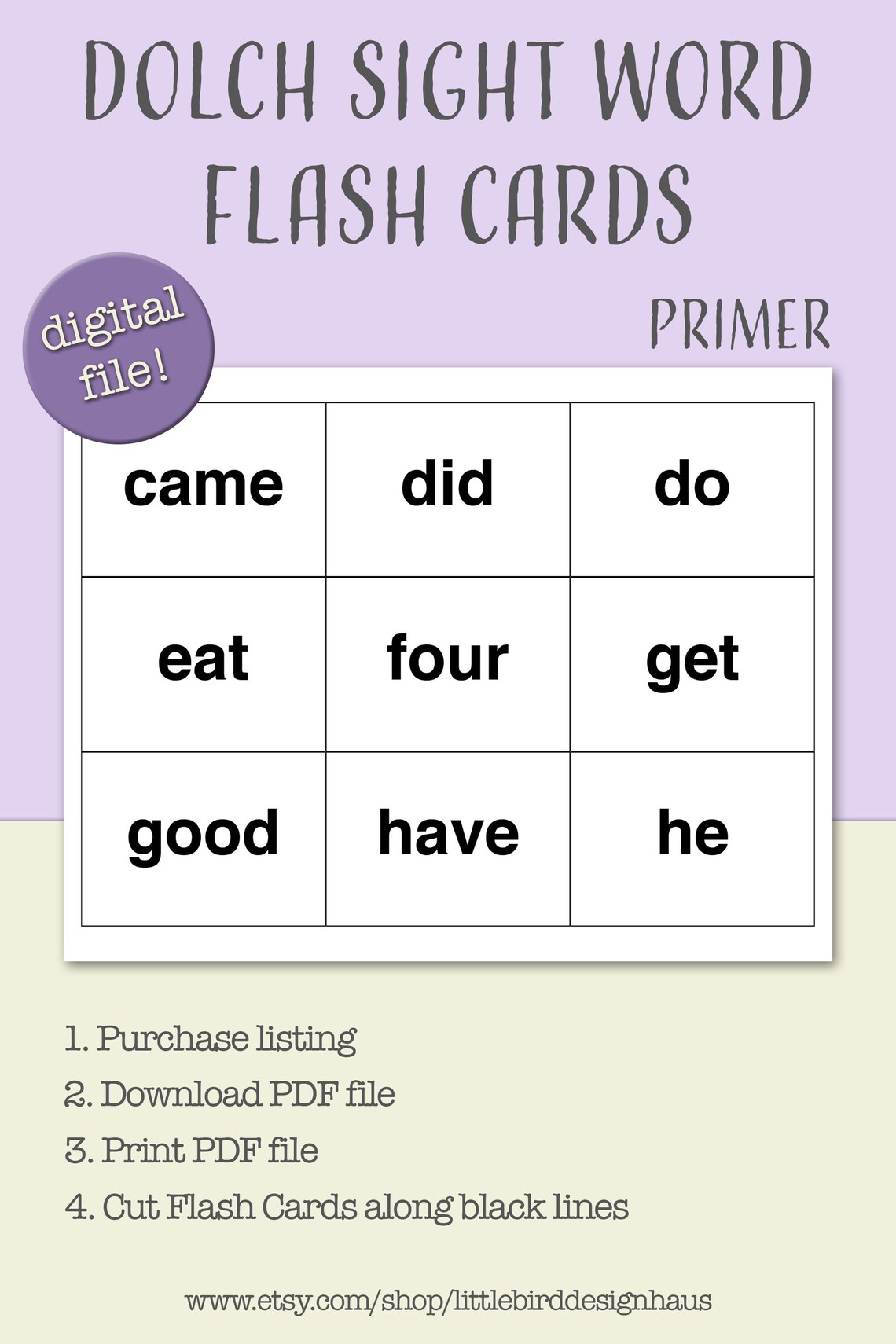 52 Dolch Primer Sight Word Flash Cards Printable. - Etsy Canada