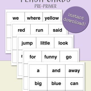 40 Dolch Pre-primer Sight Word Flash Cards Printable. Kindergarten ...