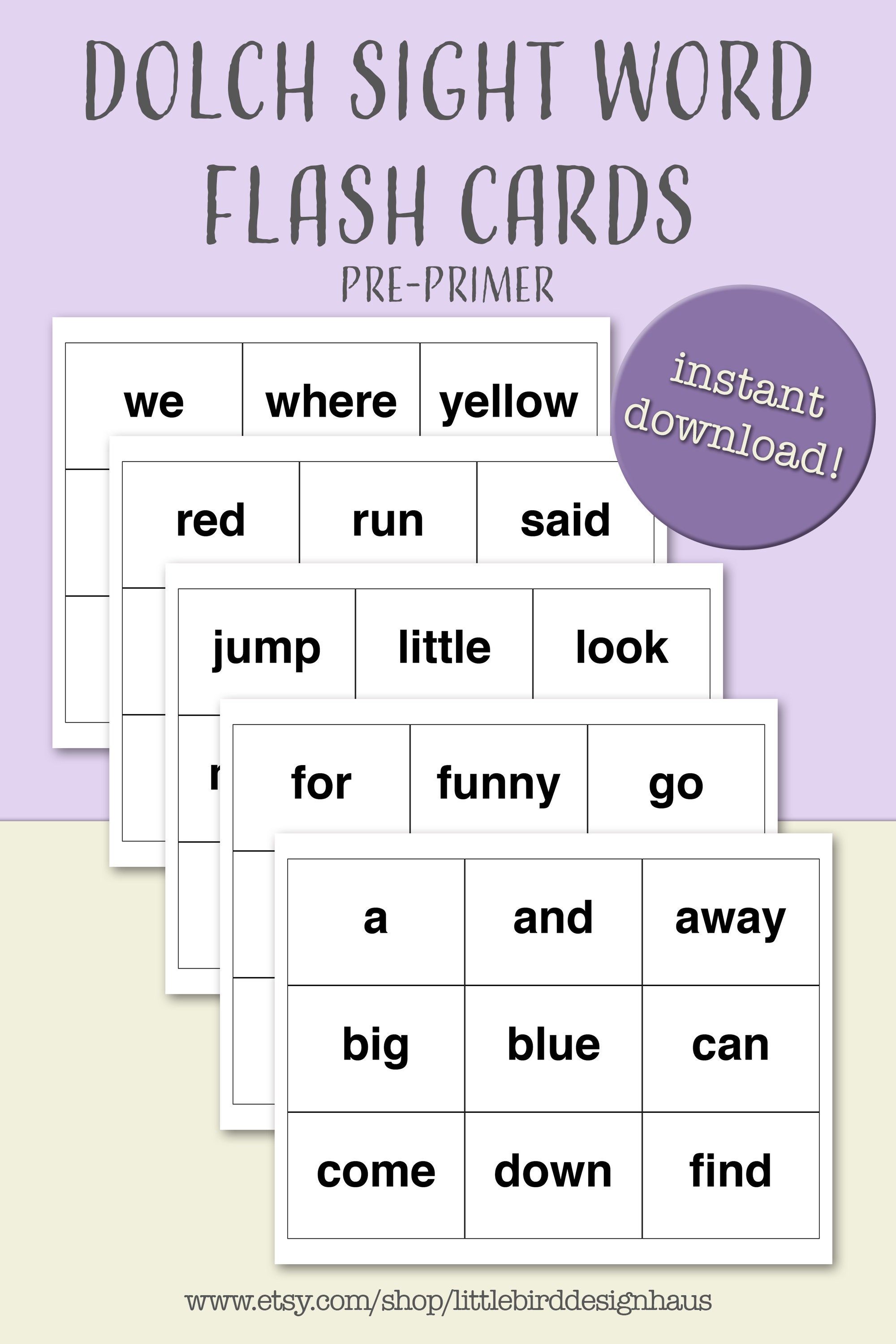 40 Dolch Pre-primer Sight Word Flash Cards Printable. Kindergarten ...