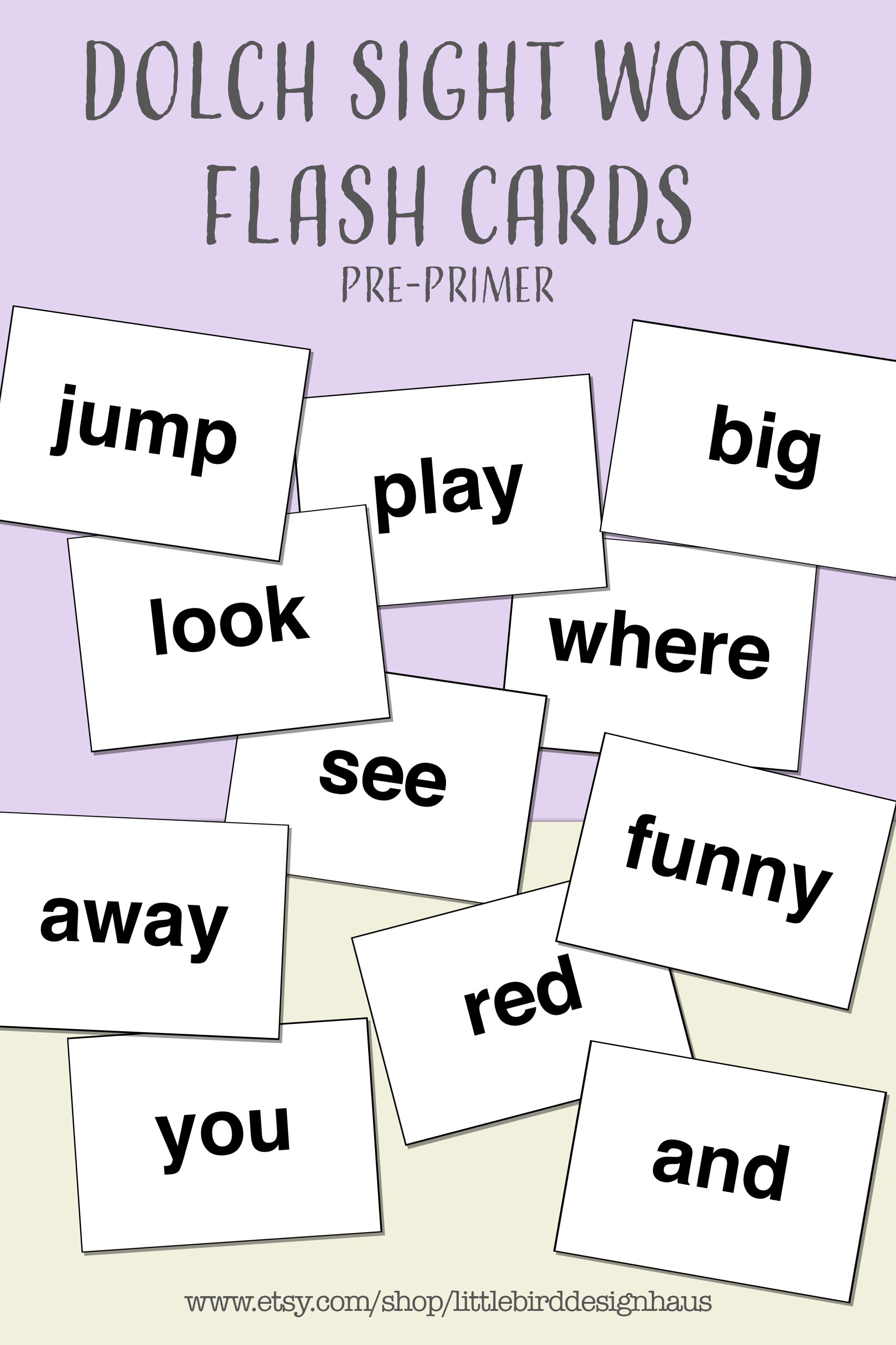 40 Dolch Pre-primer Sight Word Flash Cards Printable. Kindergarten ...