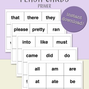 52 Dolch Primer Sight Word Flash Cards Printable. Kindergarten ...