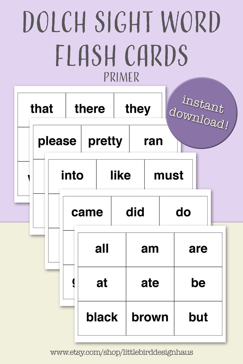 52 Dolch Primer Sight Word Flash Cards Printable. Kindergarten ...