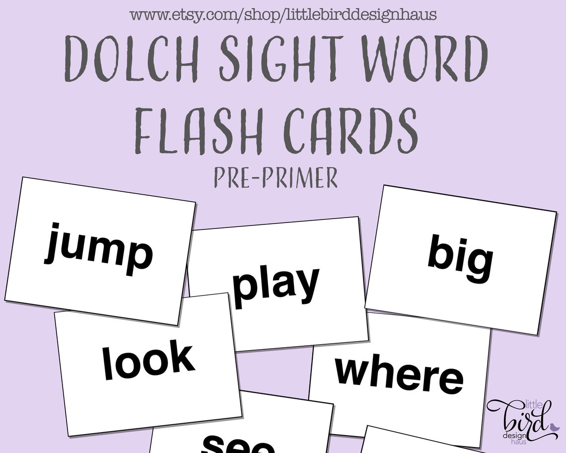 40 Dolch Pre-primer Sight Word Flash Cards Printable. Kindergarten ...
