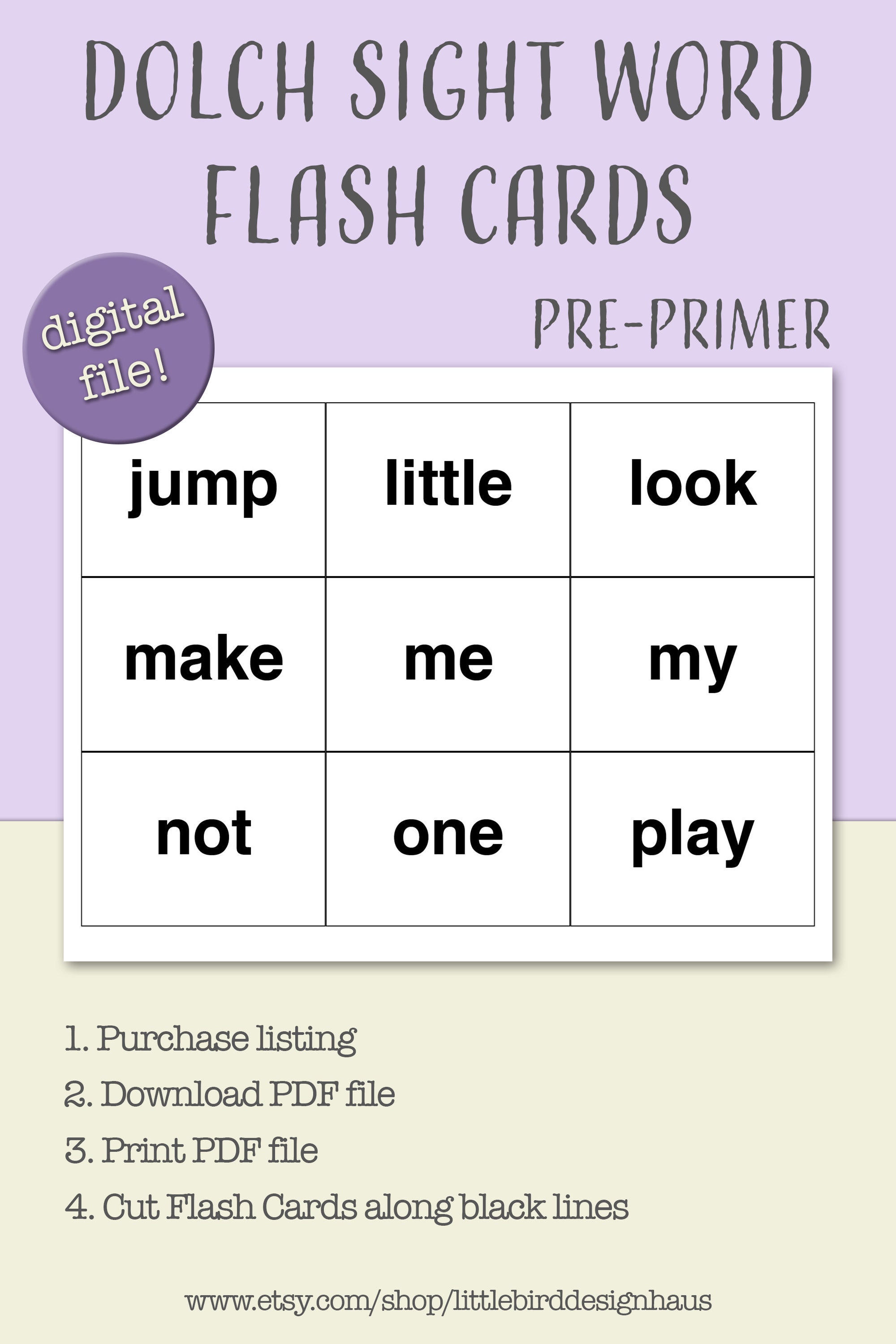 40 Dolch Pre-primer Sight Word Flash Cards Printable. Kindergarten ...
