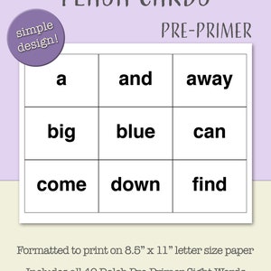 40 Dolch Pre-primer Sight Word Flash Cards Printable. Kindergarten ...