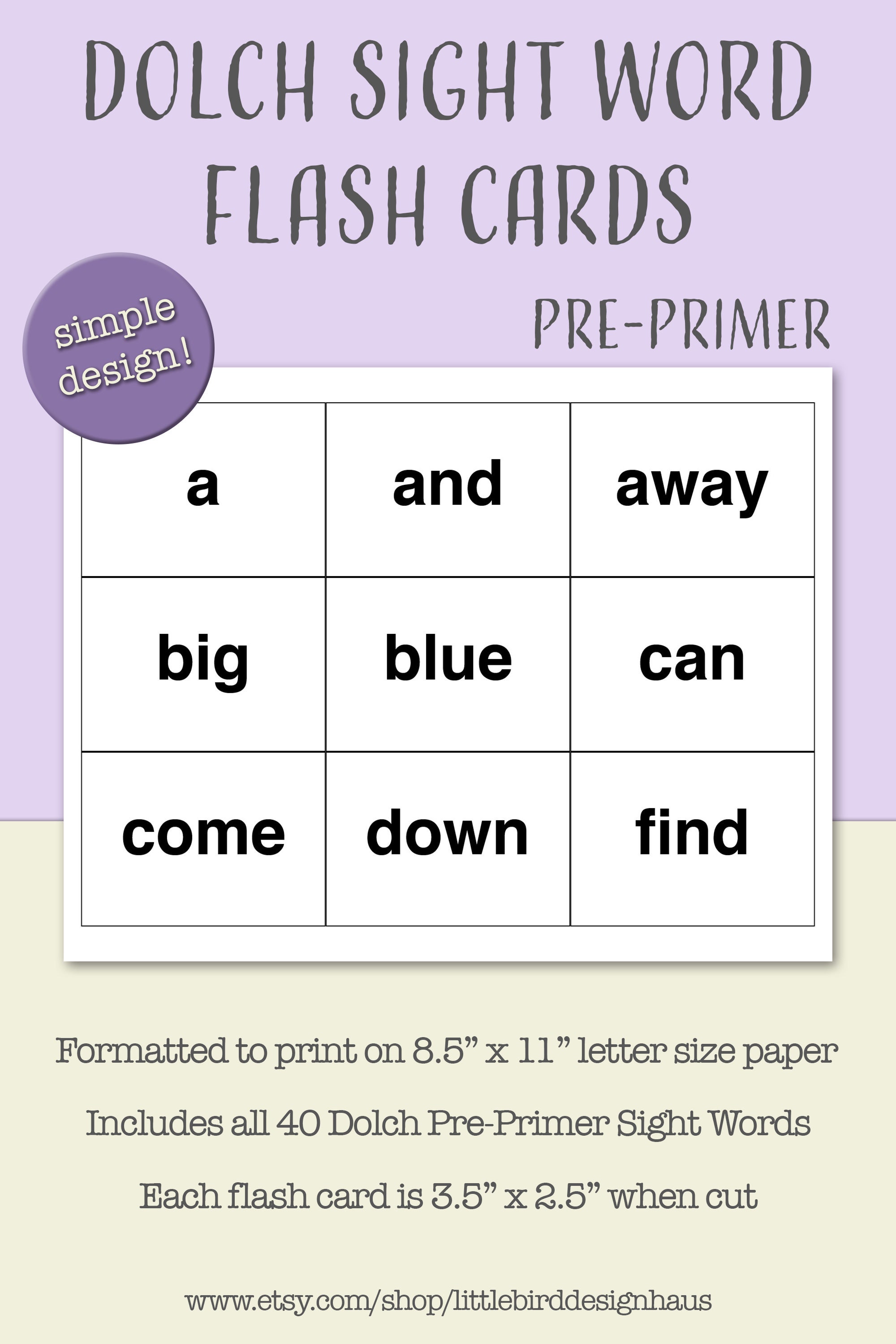 40 Dolch Pre-primer Sight Word Flash Cards Printable. Kindergarten ...