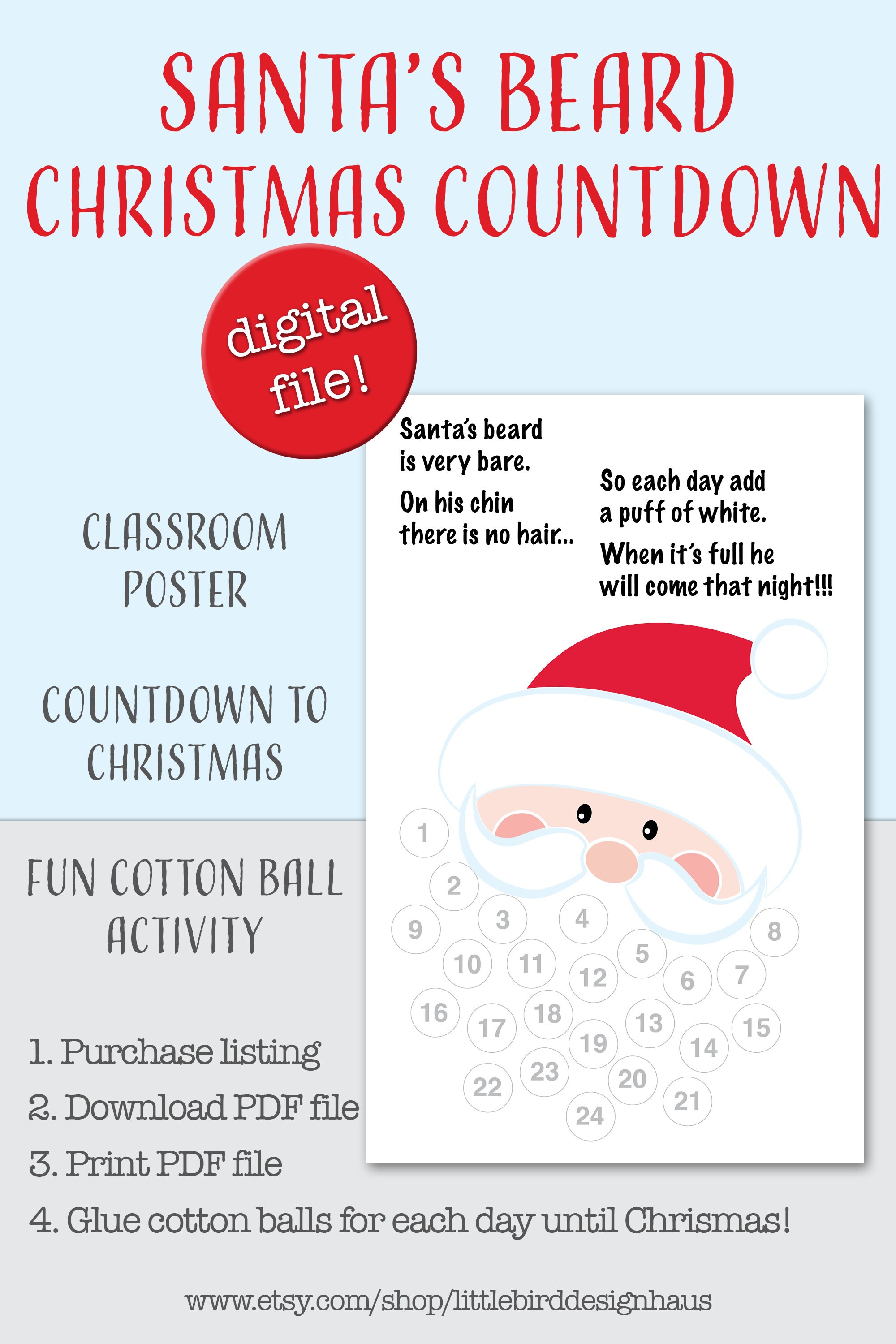 Christmas Countdown Printable Poster, Advent Calendar, Santa's Cotton ...
