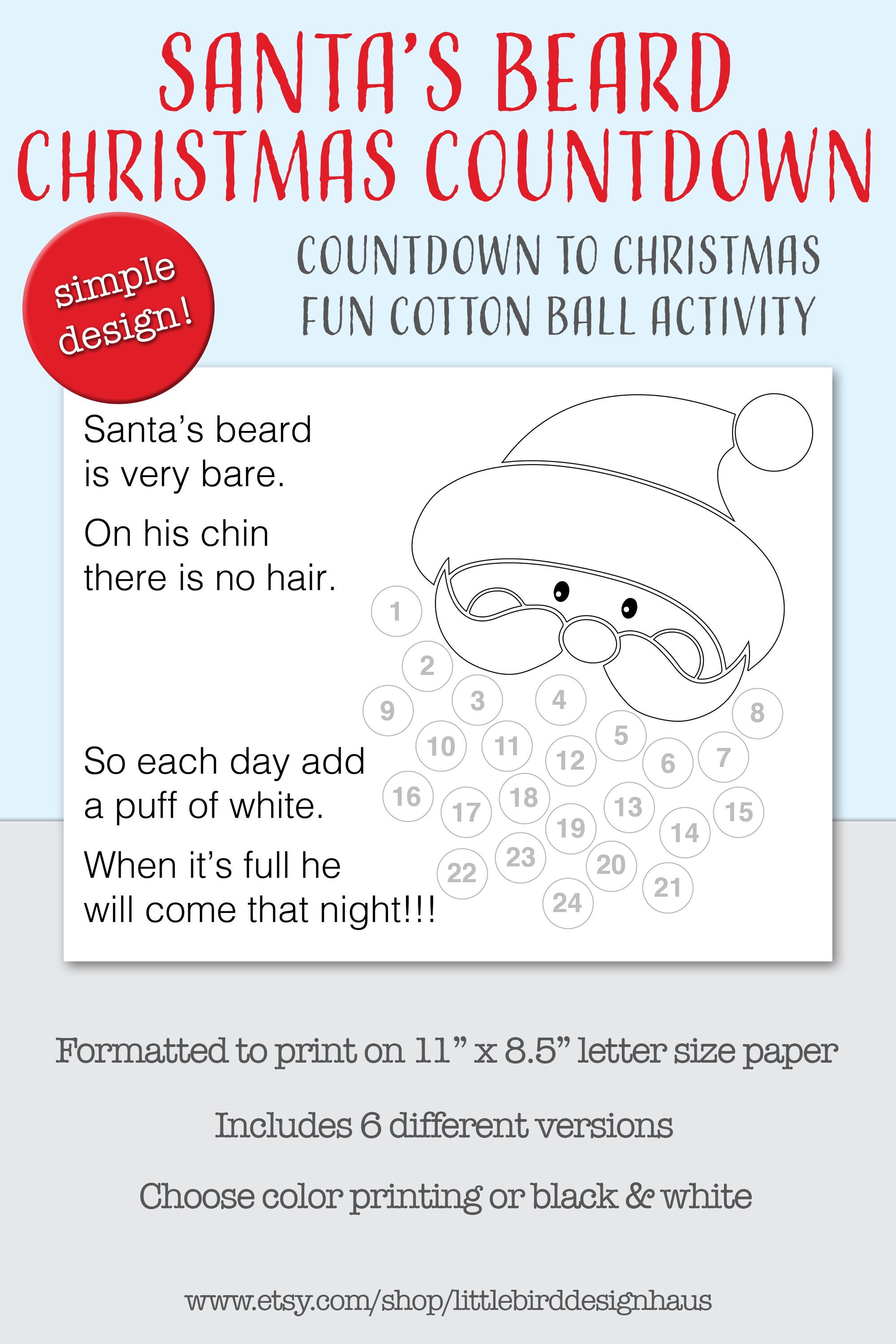 Christmas Countdown Printable, Advent Calendar, Santa's Cotton Ball ...