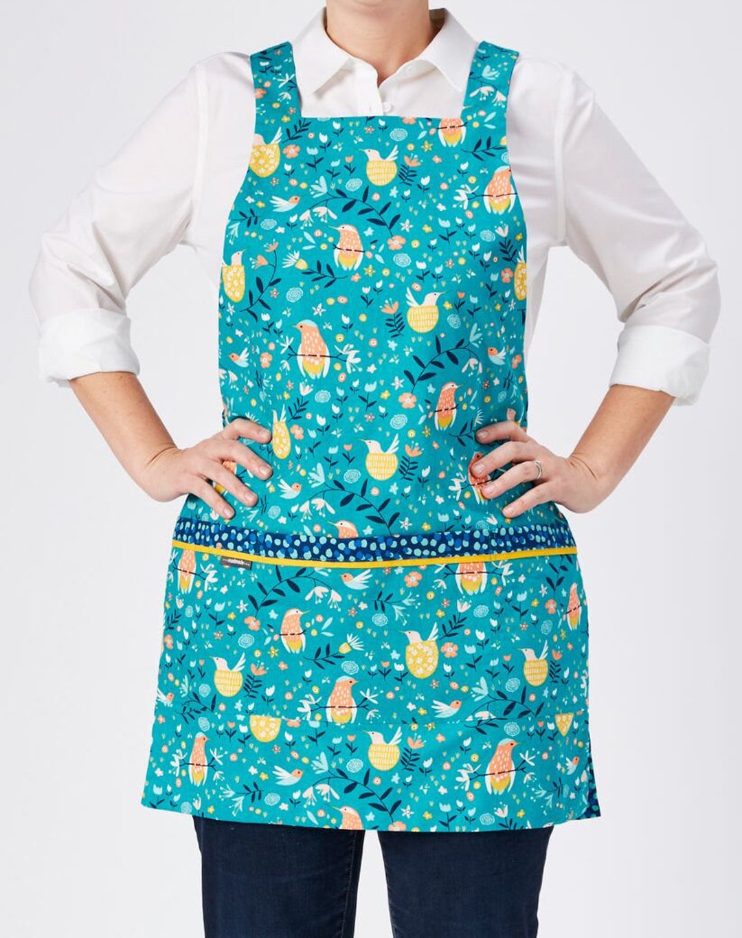 Bird Print Apron, Reversible Apron for Woman, Teal Apron With Pockets ...