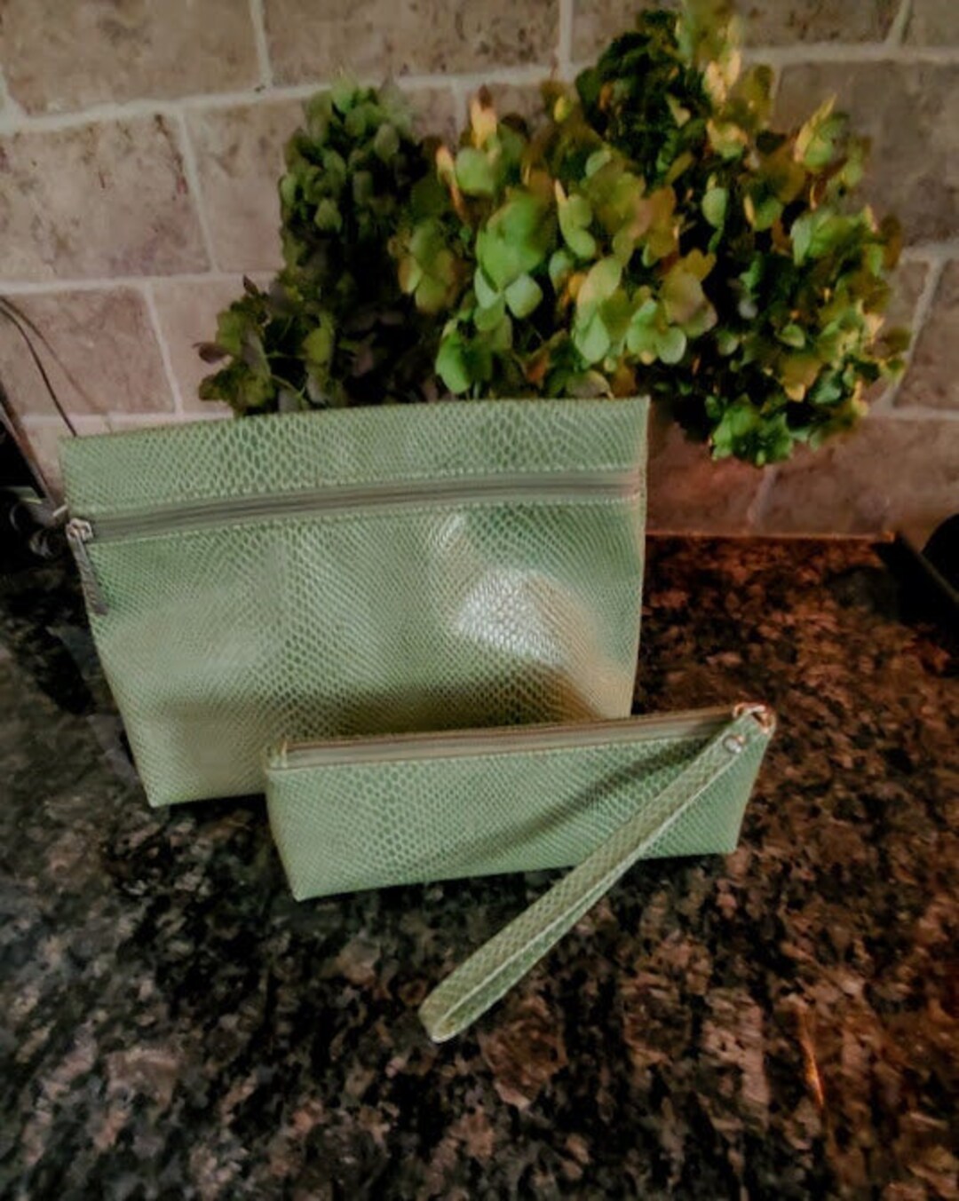 Green Snakeskin Vinyl Clutch Cosmetic Purse With Matching Smaller ...