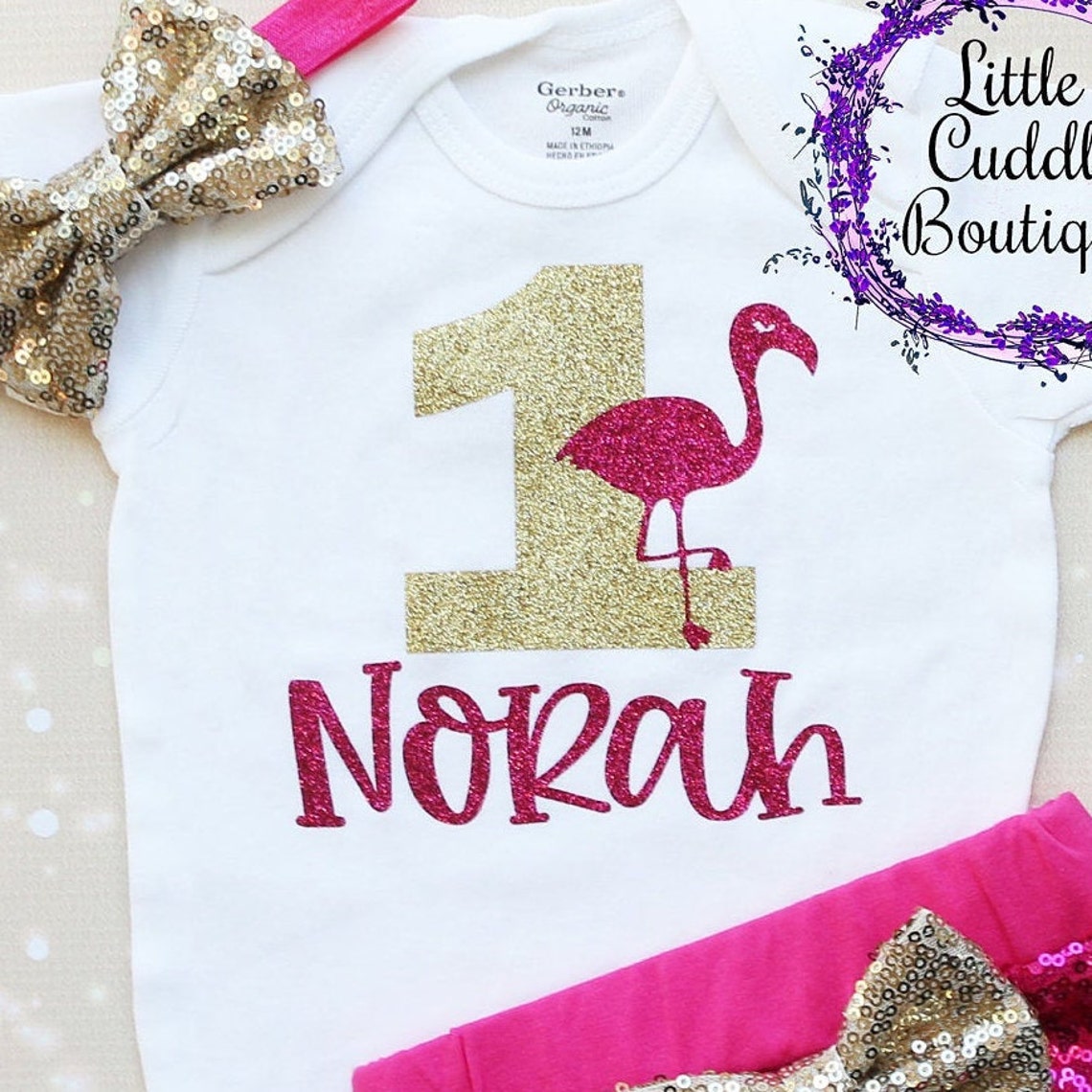 Personalized Flamingo First Birthday Shorts Outfit, Birthday Outfit ...