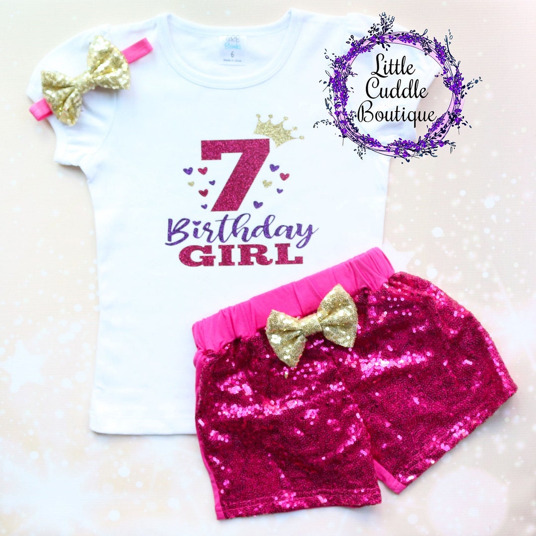 7 Birthday Girl Shorts Outfit, 7 Year Old Girl Birthday Outfit, Sweet 7 ...