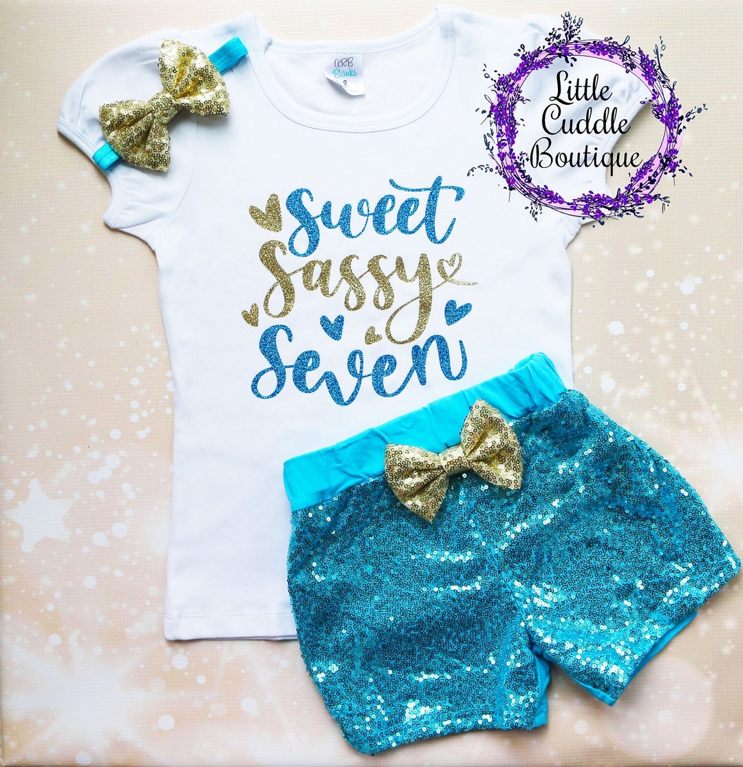 Sweet Sassy Seven Birthday Shorts Outfit, 7 Year Old Girl Birthday Outfit, Sweet 7 and Sassy ...