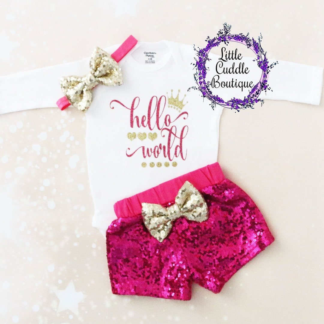 Hello World Baby Shorts Outfit, Coming Home Outfit, Newborn Outfit ...