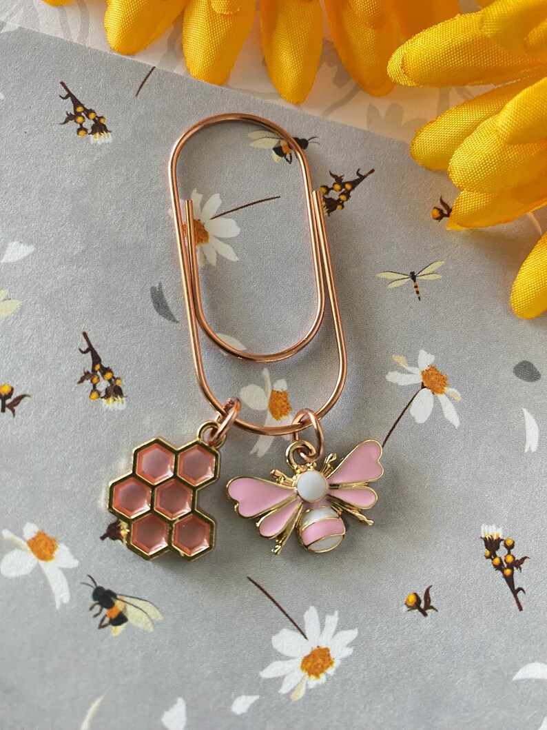 Pink Queen Bee & Honeycomb Charm, Journal Bookmark Paperclip, Rose Gold ...