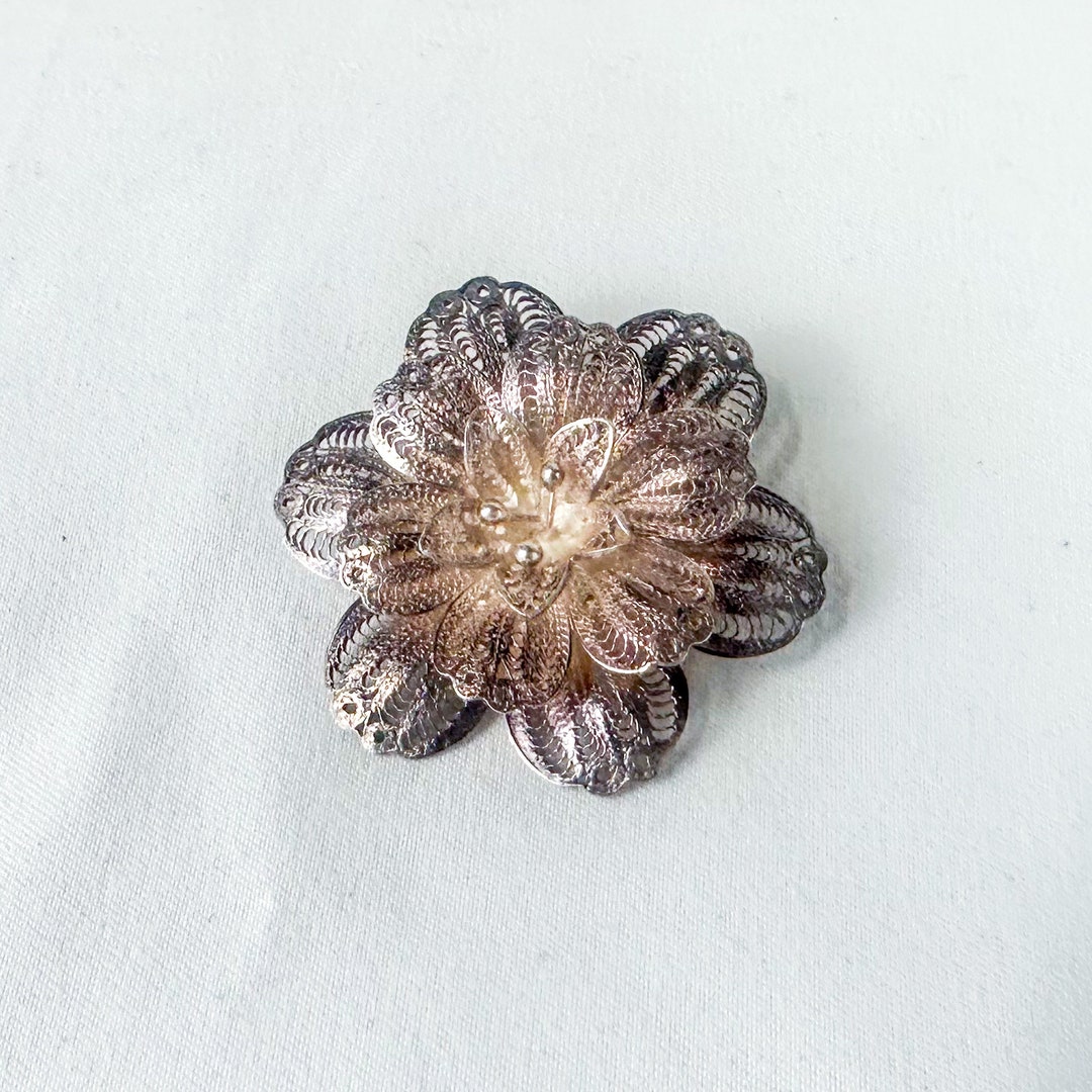 Vintage Sterling Silver Filigree Rose Plated Brooch - Etsy