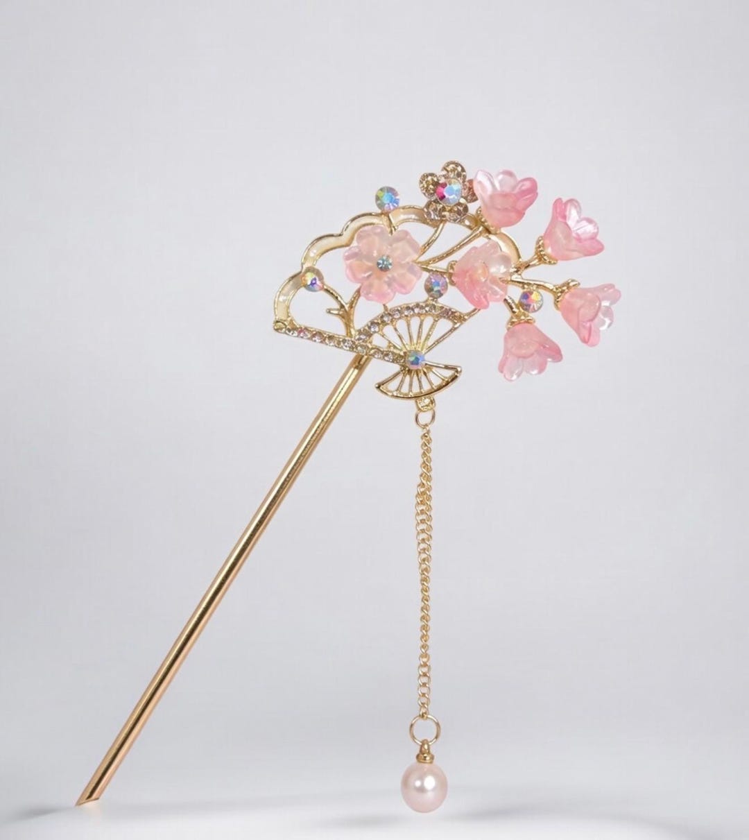 Sakura Hair Stick – Gold Kanzashi With Pearl Dangle & Rhinestones - Etsy