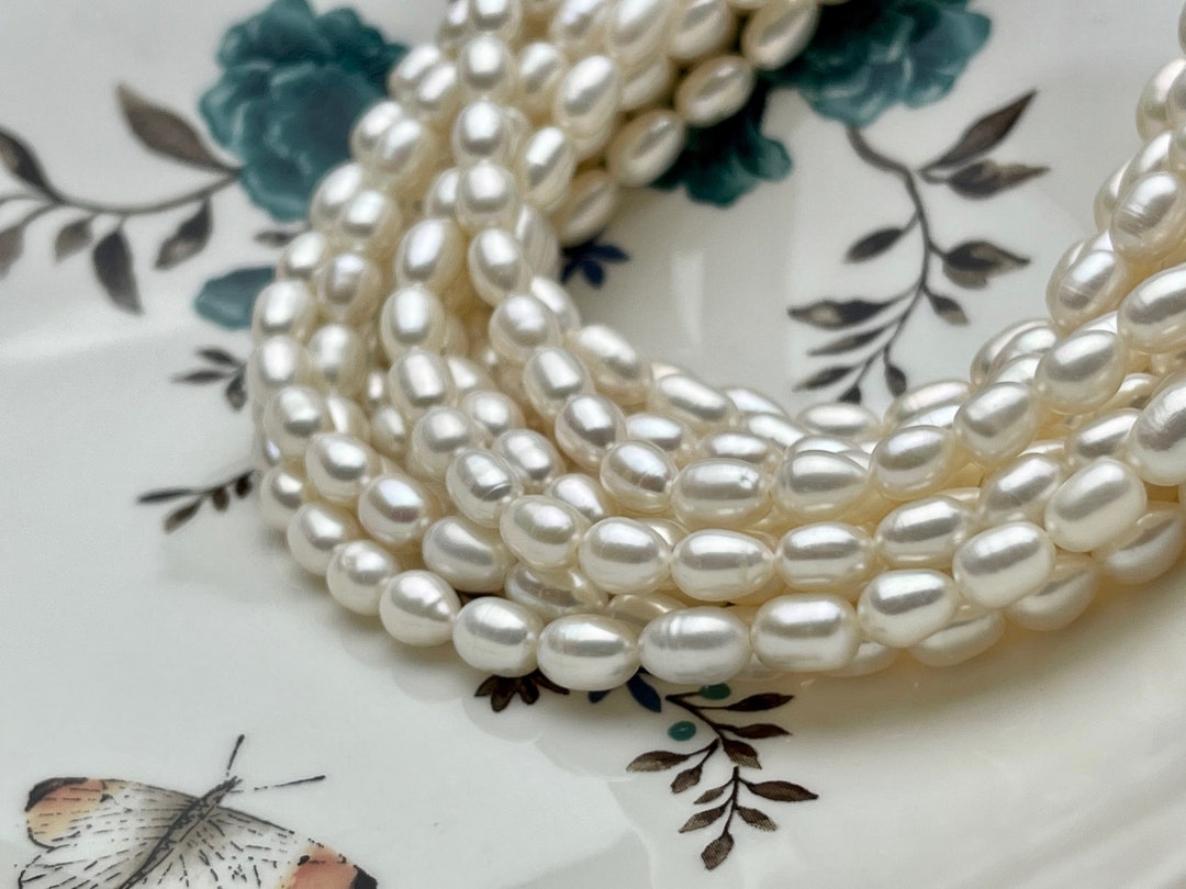 6x8-10 Mm AA Natural White Rice Freshwater Pearl Beads Genuine ...