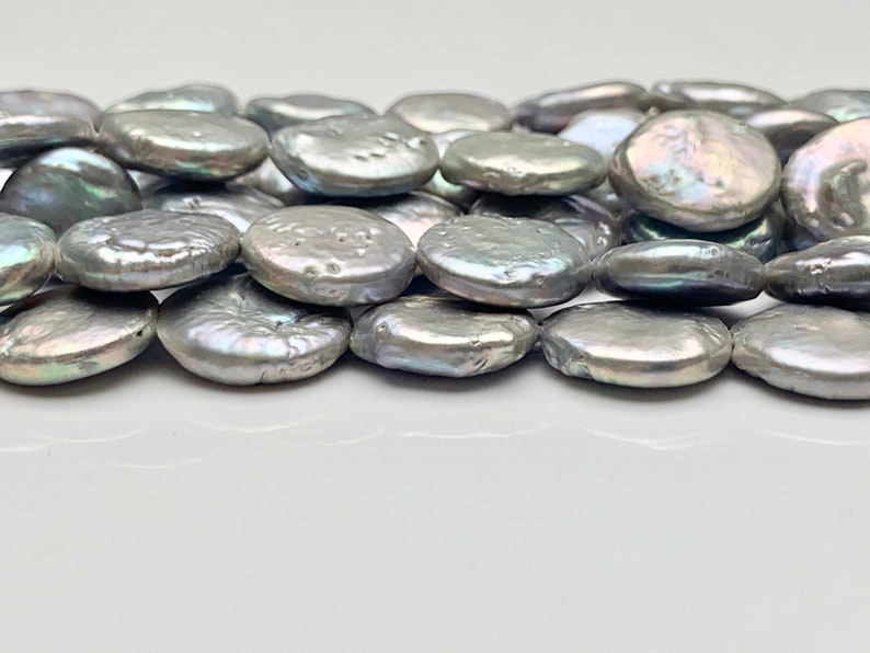 14-15 Mm Silver Gray or Dark Gray Coin Freshwater Pearl Beads Genuine ...