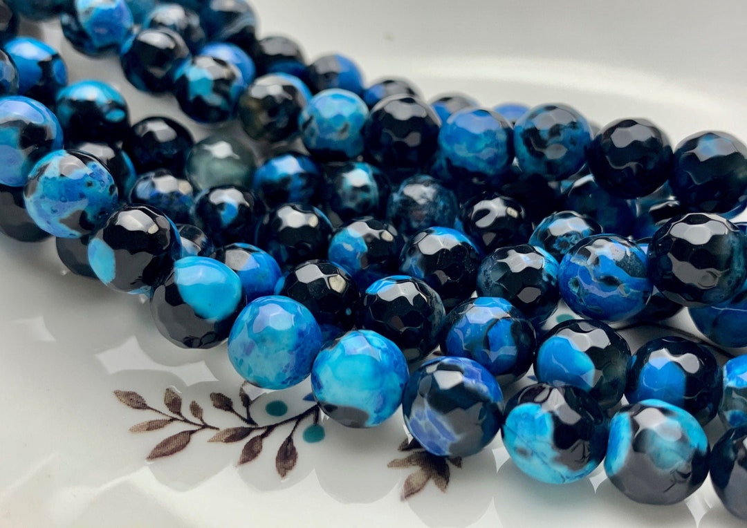 10 Mm Faceted Round Fire Agate Gemstone Beads Heat Treated Black and ...