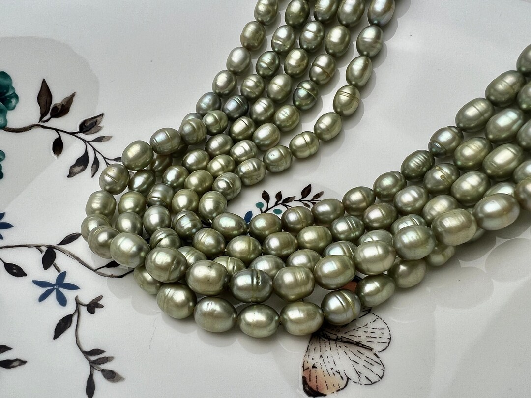 7x9 Mm Olive/sage Green Color Freshwater Rice/oval Pearls Genuine Green ...