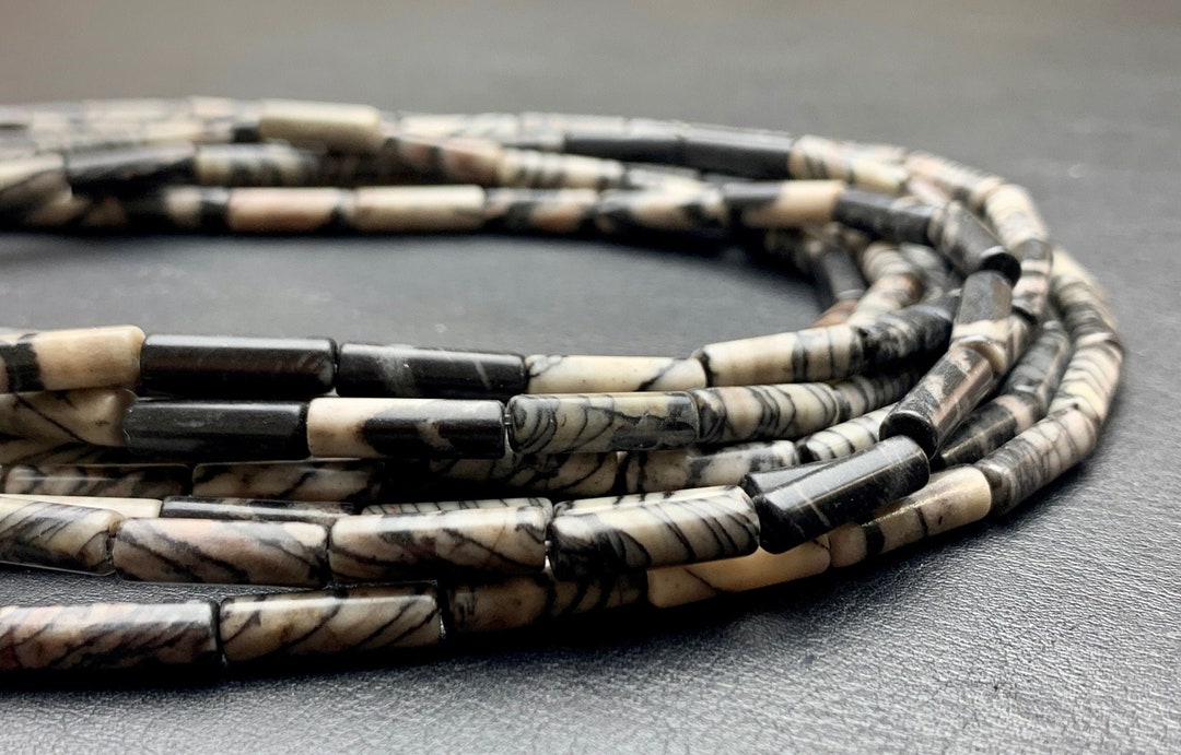 4x13-14 Mm Tube Shape Natural Black Spider Web Jasper Gemstone Beads ...