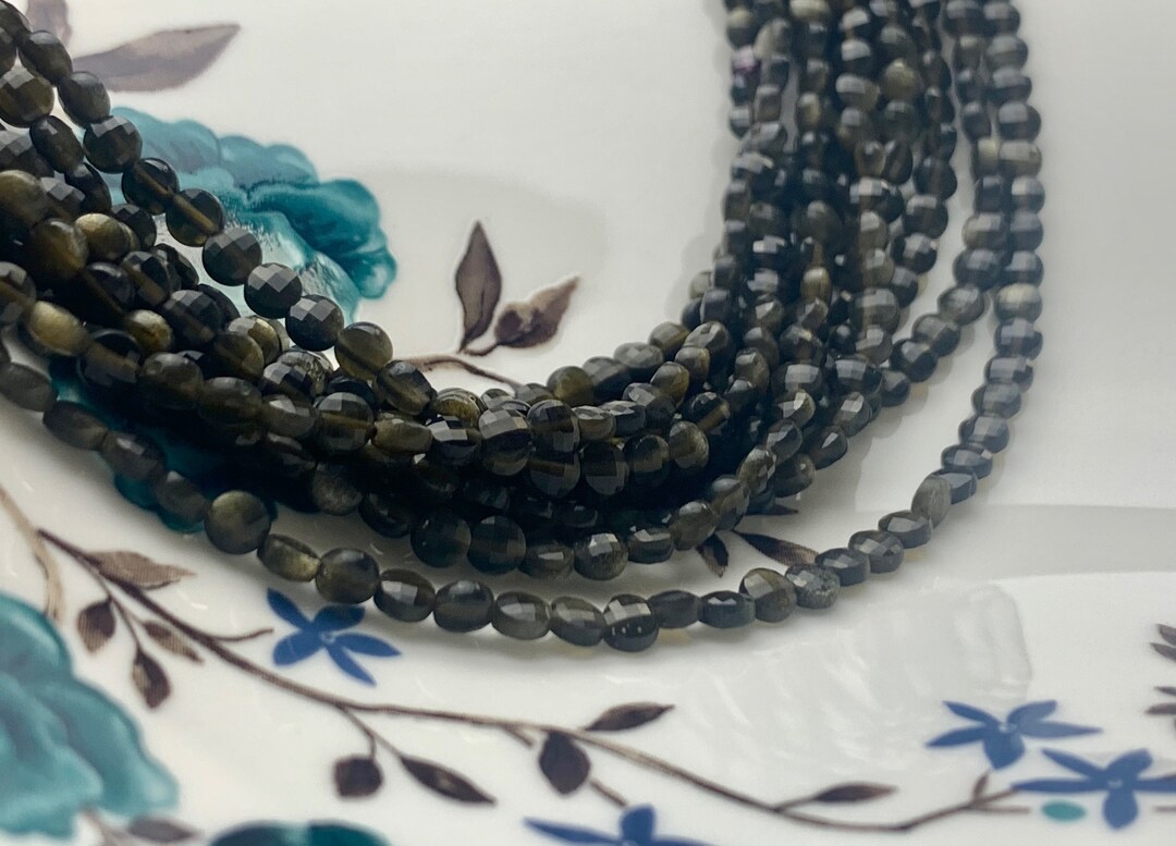 4mm Micro Faceted Diamond Cut Dark Gray Color Obsidian Flat Coin Disc ...