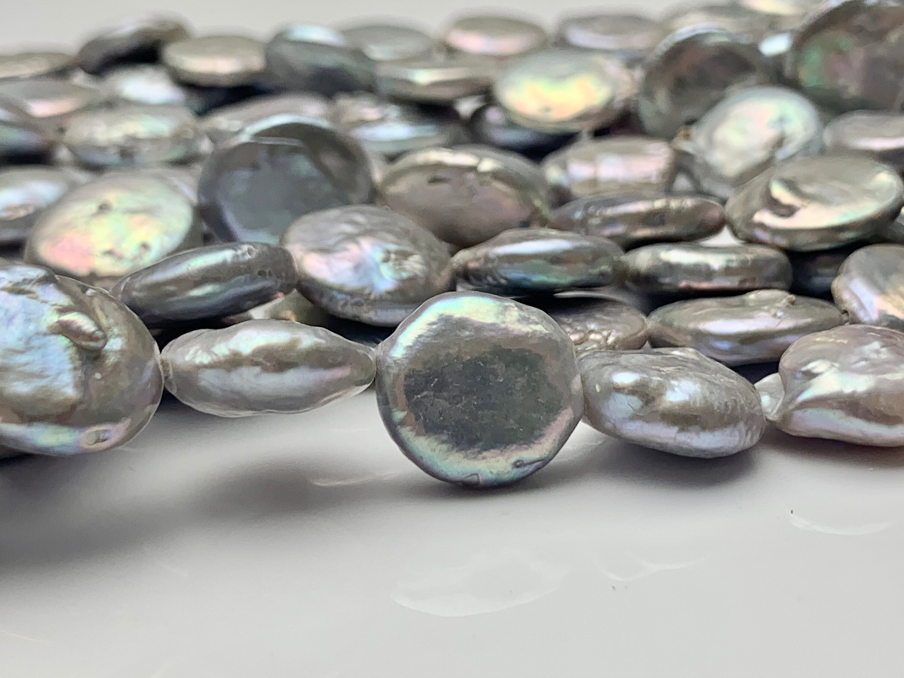 14-15 Mm Silver Gray or Dark Gray Coin Freshwater Pearl Beads Genuine ...