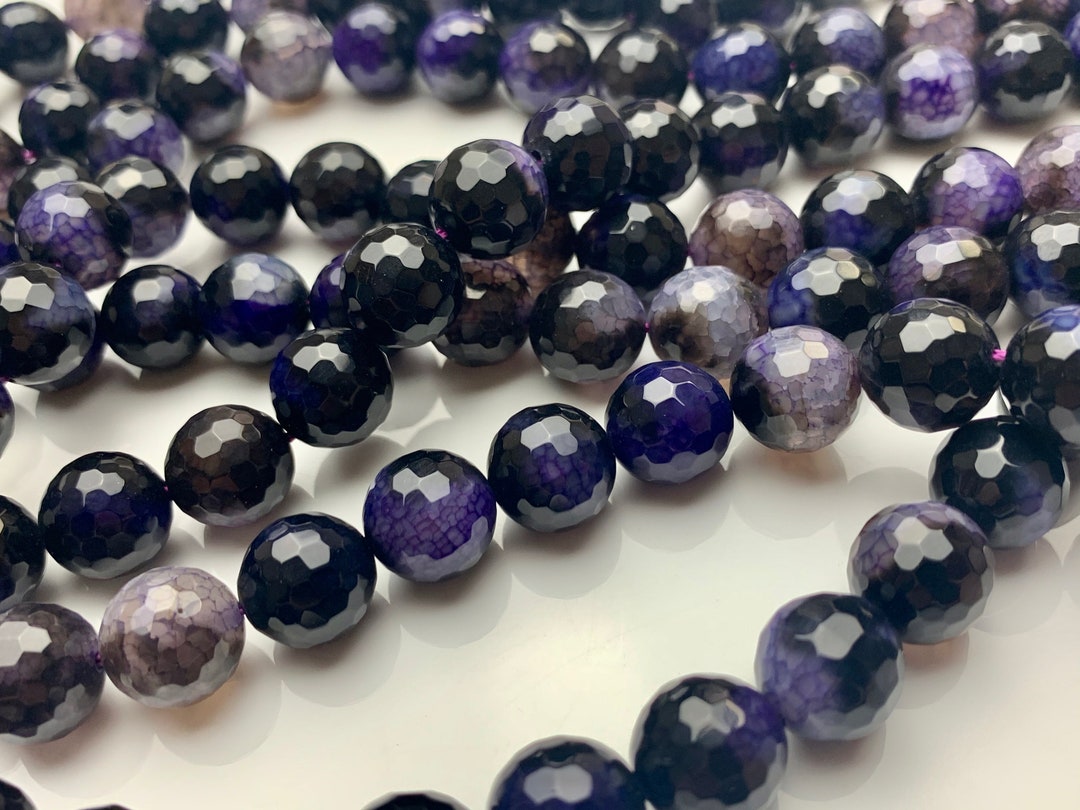 12 Mm Faceted Round Fire Agate Gemstone Beads Heat Treated Purple Black ...