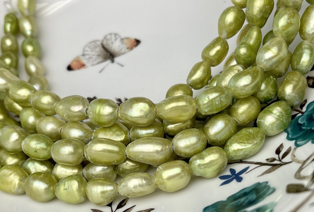 9x11-12mm AA Half Strand Large Hole Green Color Freshwater Rice Nugget ...