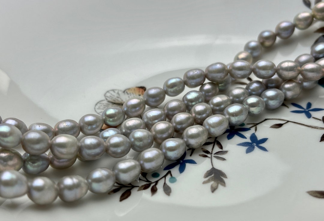 7x8-9 Mm Gray Color Rice/oval Freshwater Pearl Beads Genuine Gray Color ...