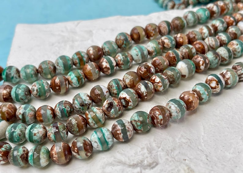 6 Mm 8 Mm 10 Mm DZI Tibetan Agate Faceted Round White Aqua Green and ...
