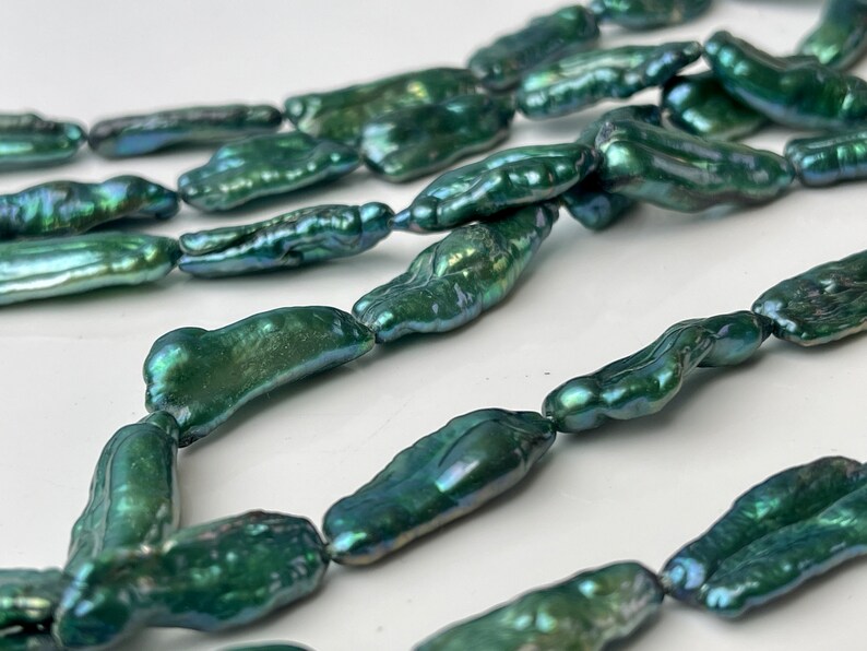 8x30 Mm Dark Sage Green Color Biwa Stick Freshwater Pearl Beads Genuine ...