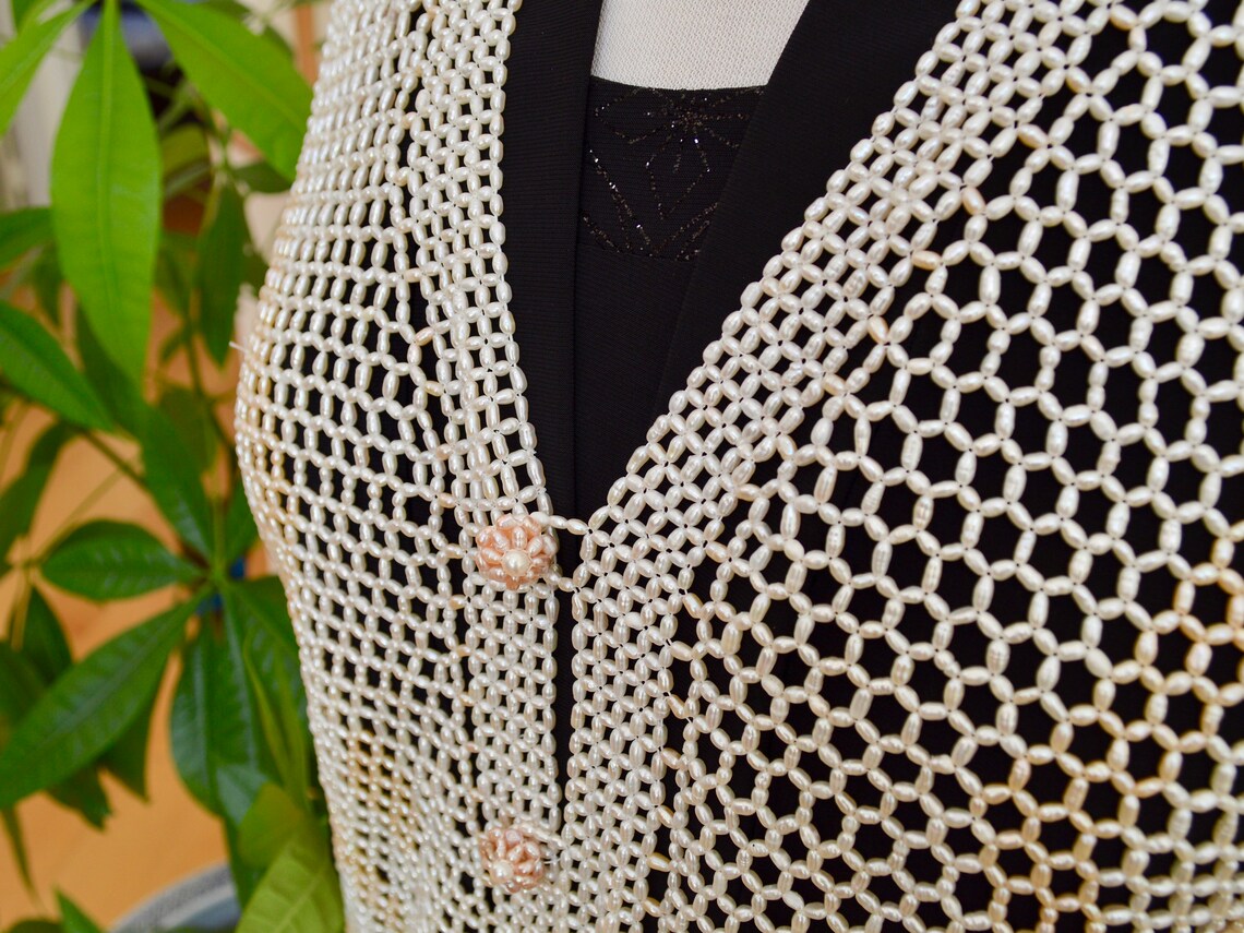 Hand Made Freshwater Pearl Vest Peach and Creamy White Rice Shape Pearl ...