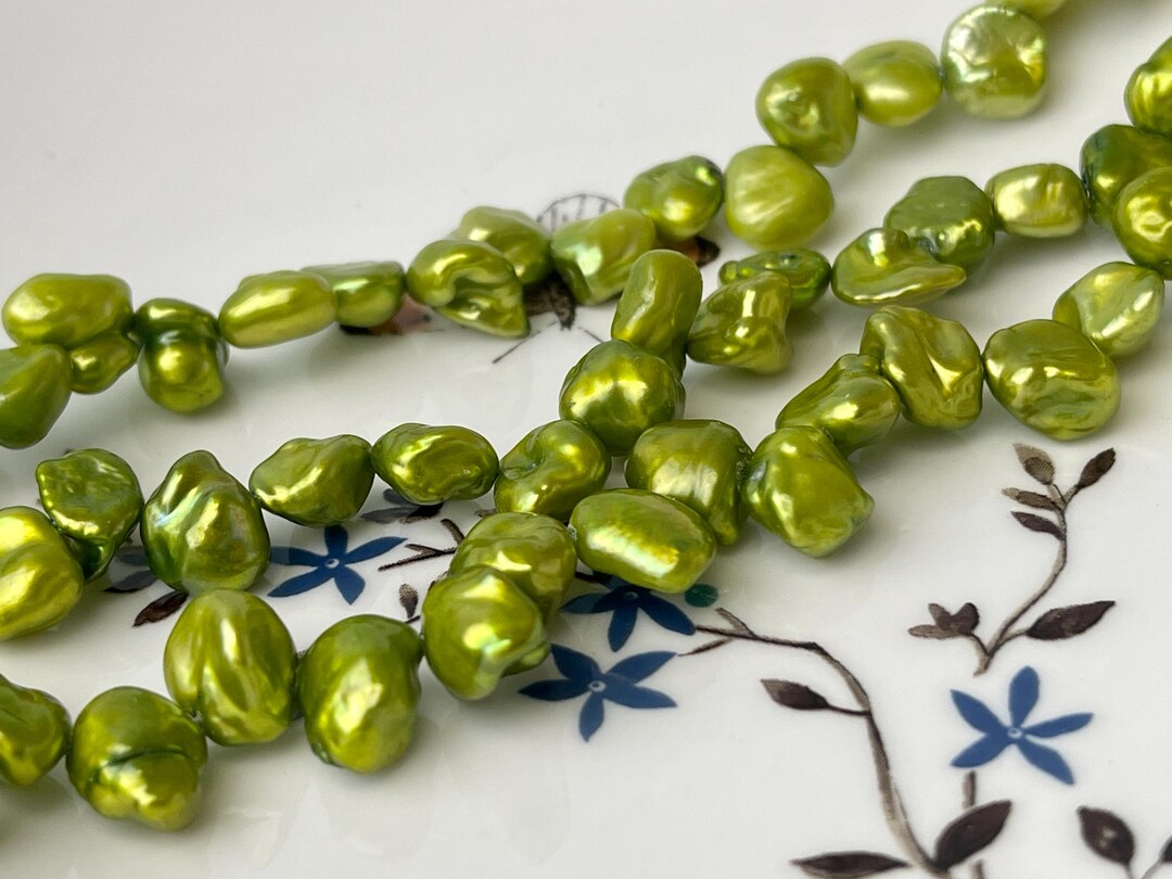 8-9x9-12 Mm Dark Chartreuse Green Color Keshi Freshwater Pearl Beads ...
