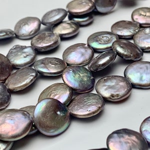 14-15 Mm Silver Gray or Dark Gray Coin Freshwater Pearl Beads Genuine ...